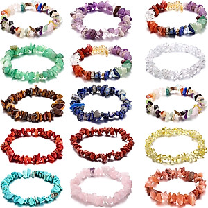 Hicarer 15 Pieces Crystal Bracelets Set Natural Gemstone Stretch Bracelets Spiritual Healing Crystals Summer Beach Jewelry Irregular Chips Bracelet for Women Gifts(Classic Style)