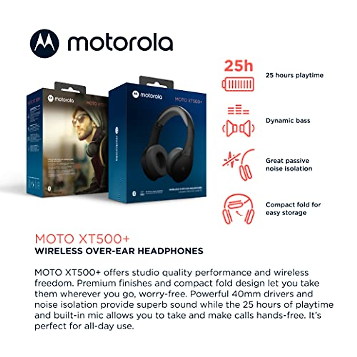 Motorola Bluetooth Wireless Headphones with Microphone, Moto XT500+ Over-Ear Headphones in-Line Control for Calls - Foldable Head Phones, Adjustable Headband, Clear Sound - Black