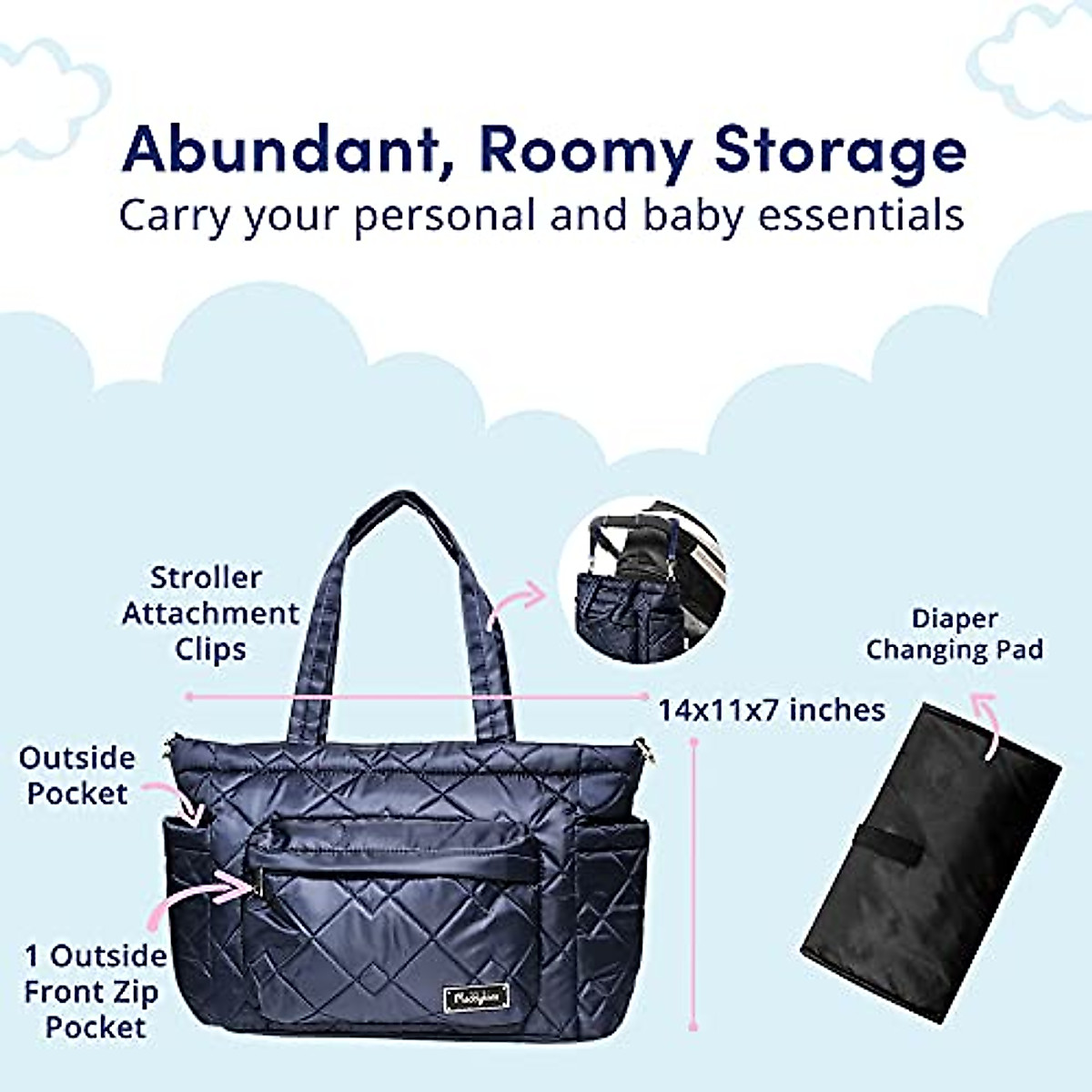 Great Travel Size Stylish Quilted Diaper Tote Bag, Gender Neutral Go Bag with Portable Changing Pad, Laptop Pocket, Shoulder Strap, and 2 Stroller Straps, Navy