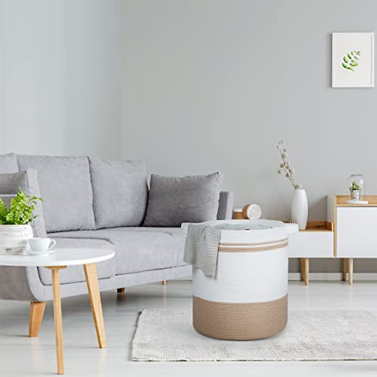 Hiromi Cotton Rope Basket - Decorative White Storage Bins for Room Organization - Firm Woven Hamper for Laundry - Toys, Towel, Cushion, Throw Pillow, Blanket Holder with Durable Handles - 16in x 18in Brown