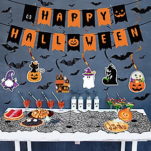Halloween Decorations Indoor Set - Halloween Festive Decor Happy Halloween Banner Hanging Swirls & Spider Web Table Runner & Mantel Scarf & 3D Bat Sticker for Spooky Haunted House Home Kitchen Decor