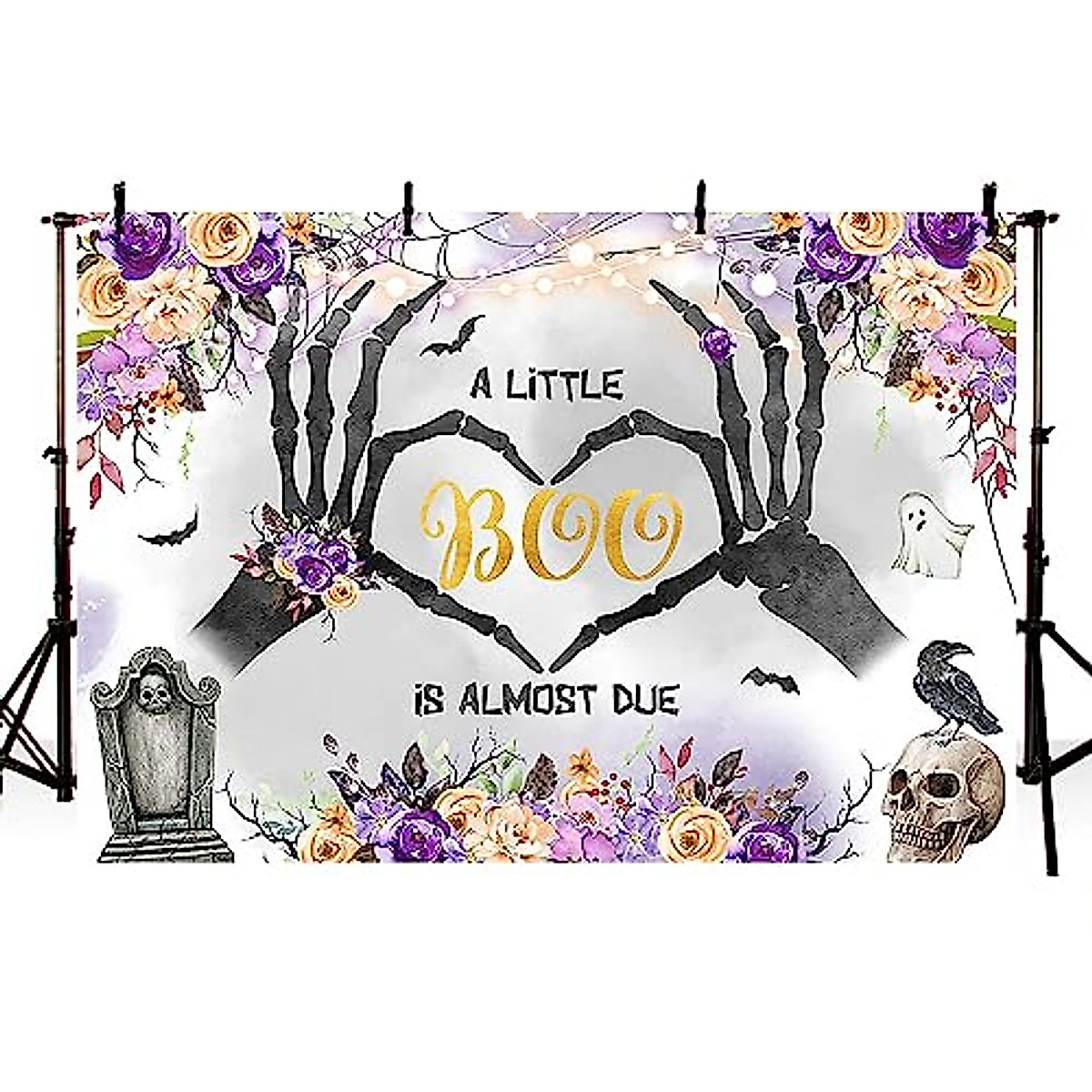 MEHOFOND 7x5ft Halloween Baby Shower Backdrop A Little Boo is Almost Due Purple Orange Floral Grey Watercolor Background Boos Tombstone Skull Crow Photo Booth Props