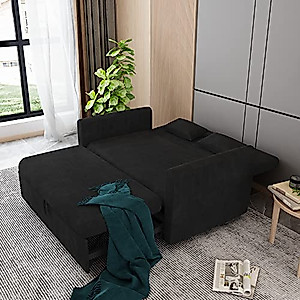 MIYZEAL 55'' Convertible Sleeper Sofa Bed, Velvet Loveseat Sofa with Pull-Out Bed, 2 Seater Couch Bed with Adjustable Backrest, Pull Out Lounge Chaise with 2 Pillows Office (Black)