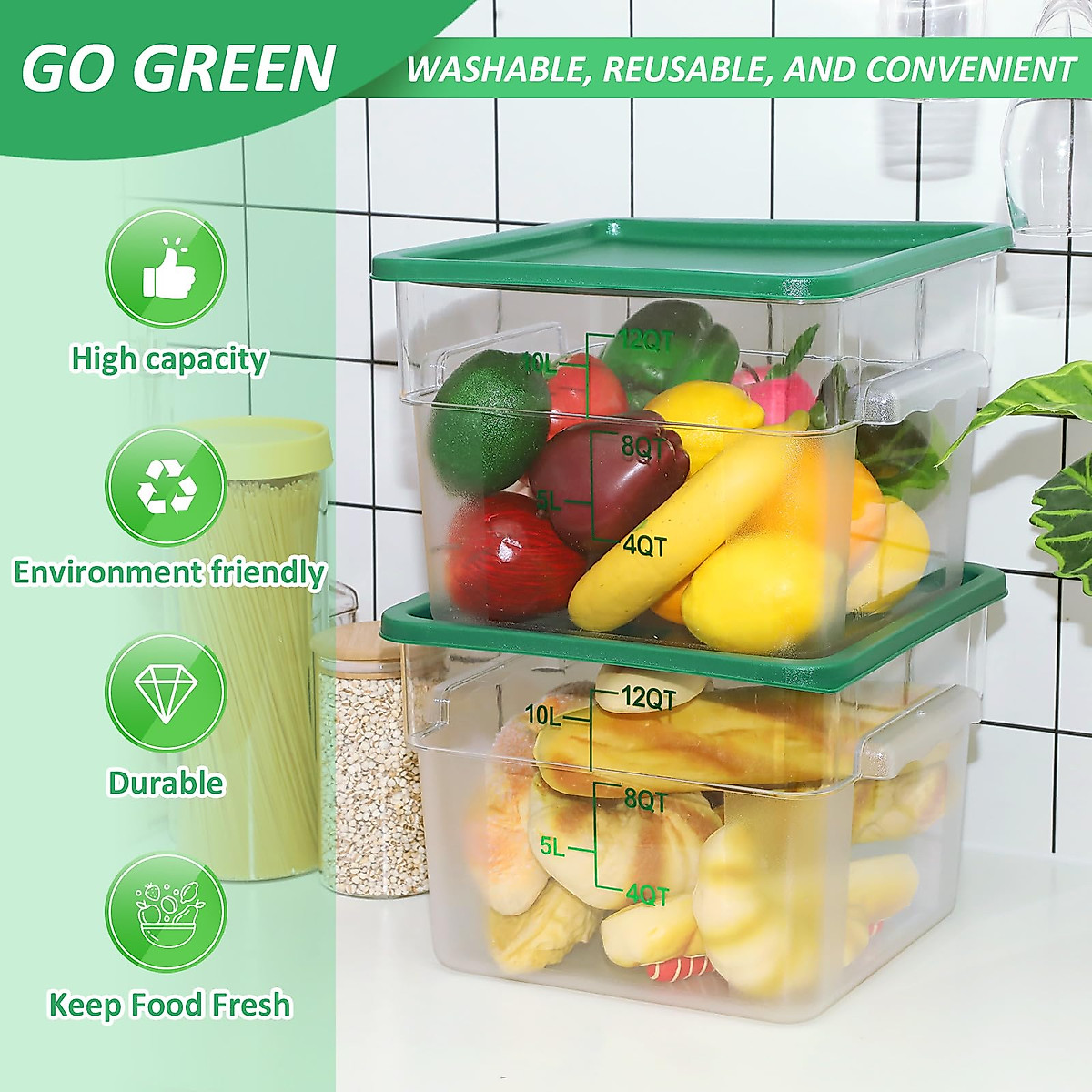 Yungyan 6 Pack 12qt Commercial Food Storage Containers with Lids Square Acrylic Airtight Food Container Clear Cereal Storage Container with Graduation and Handle for Pantry Kitchen Restaurant Freezer