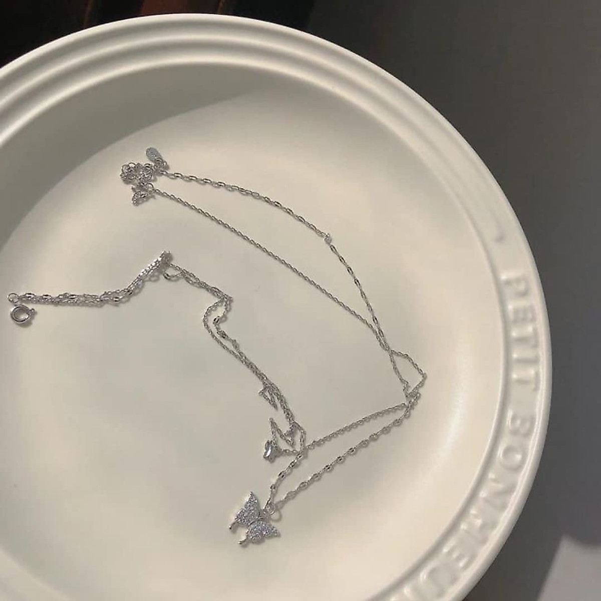 925 Sterling Silver Butterfly Tassel Shiny Exquisite Double Layer Pendant Clavicle Necklace Chain for Women and Teen Girls.