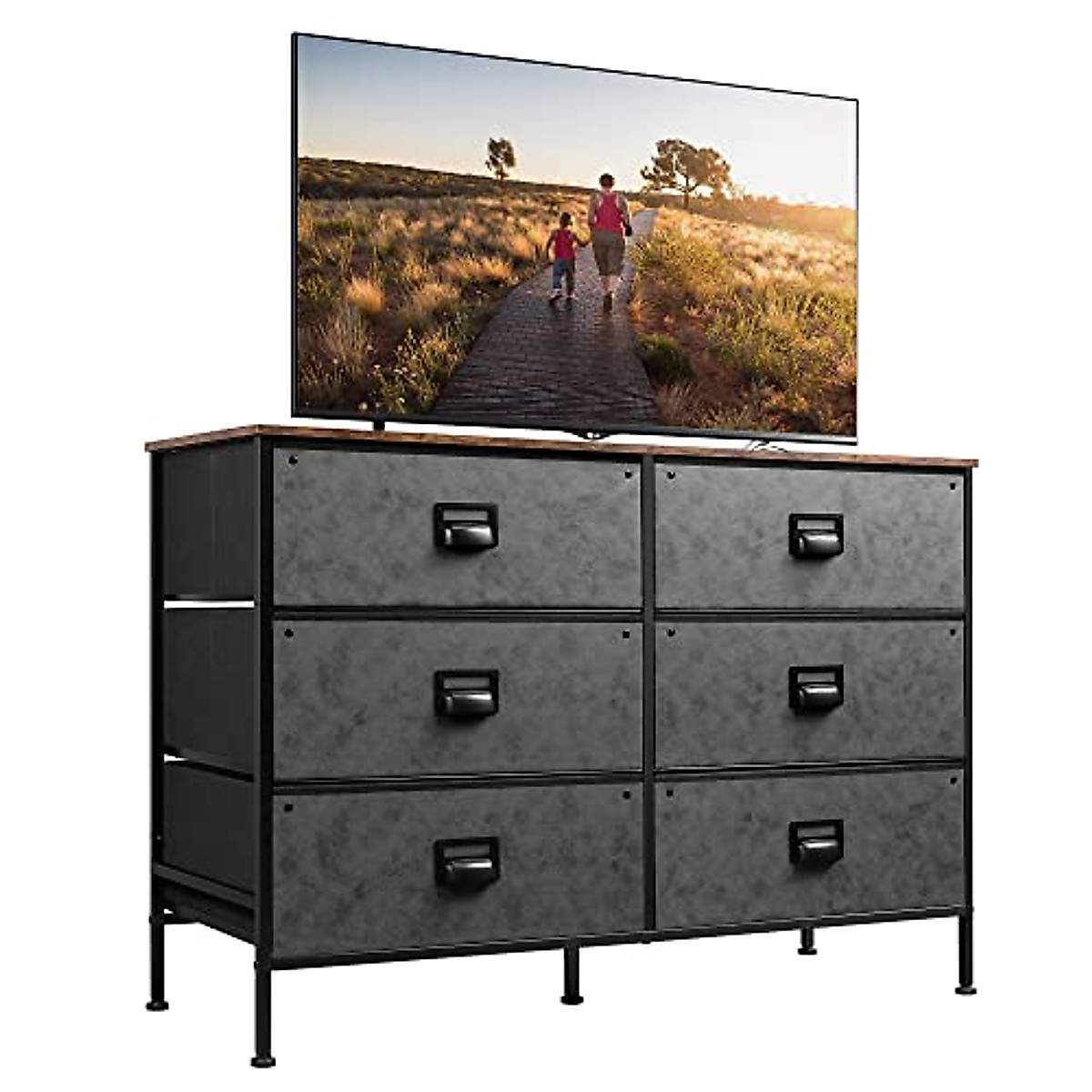 WLIVE Wide Dresser with 6 Drawers, Industrial TV Stand for 50" TV, Entertainment Center with Metal Frame, Wooden Top, Fabric Storage Dresser for Bedroom, Hallway, Entryway, Black