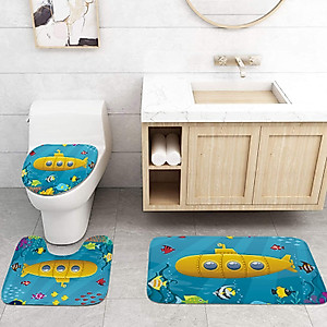 Blue Submarine Shower Curtain Sets with Rugs, Toilet Lid Cover and Bath Mat, Tropical Ocean Nautical Underwater World Bathroom Curtain Waterproof Polyester Fabric wtih Hooks 4PCS
