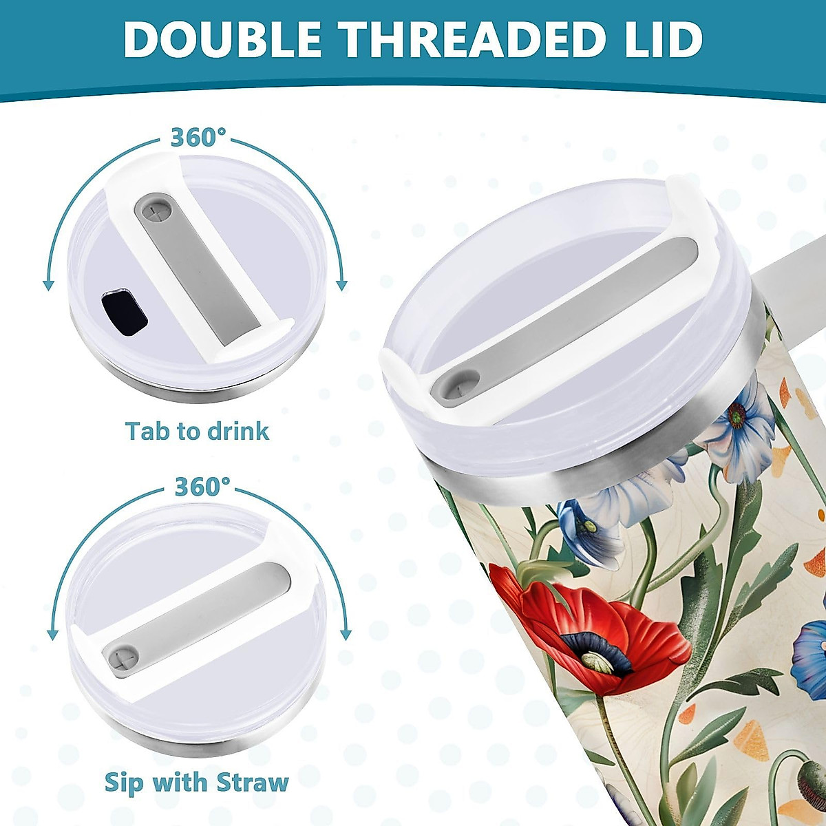 FENOCHE Red Poppy Flowers Butterfly 30 oz Tumbler Insulated Cups Stainless Steel Water Bottle with Handle Lid and Straw Tumblers for Car Cup Holder