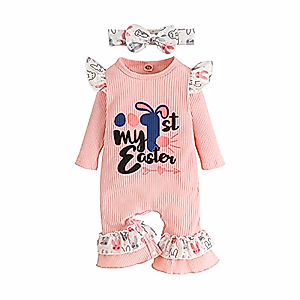 ZIMBRO Baby Girl Easter Outfit Bunny Print Romper My 1st/First Easter Letter Jumpsuit Long Sleeve Bodysuit Headband (Pink,0-3 Months)
