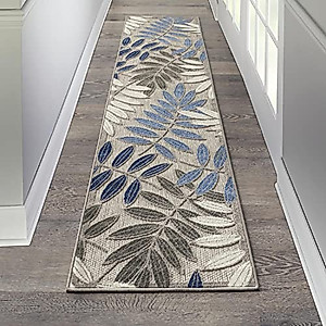 Nourison Aloha Indoor/Outdoor Grey/Blue 2' x 6' Area -Rug, Tropical, Botanical, Easy -Cleaning, Non Shedding, Bed Room, Living Room, Deck, Backyard, (6' x Runner)