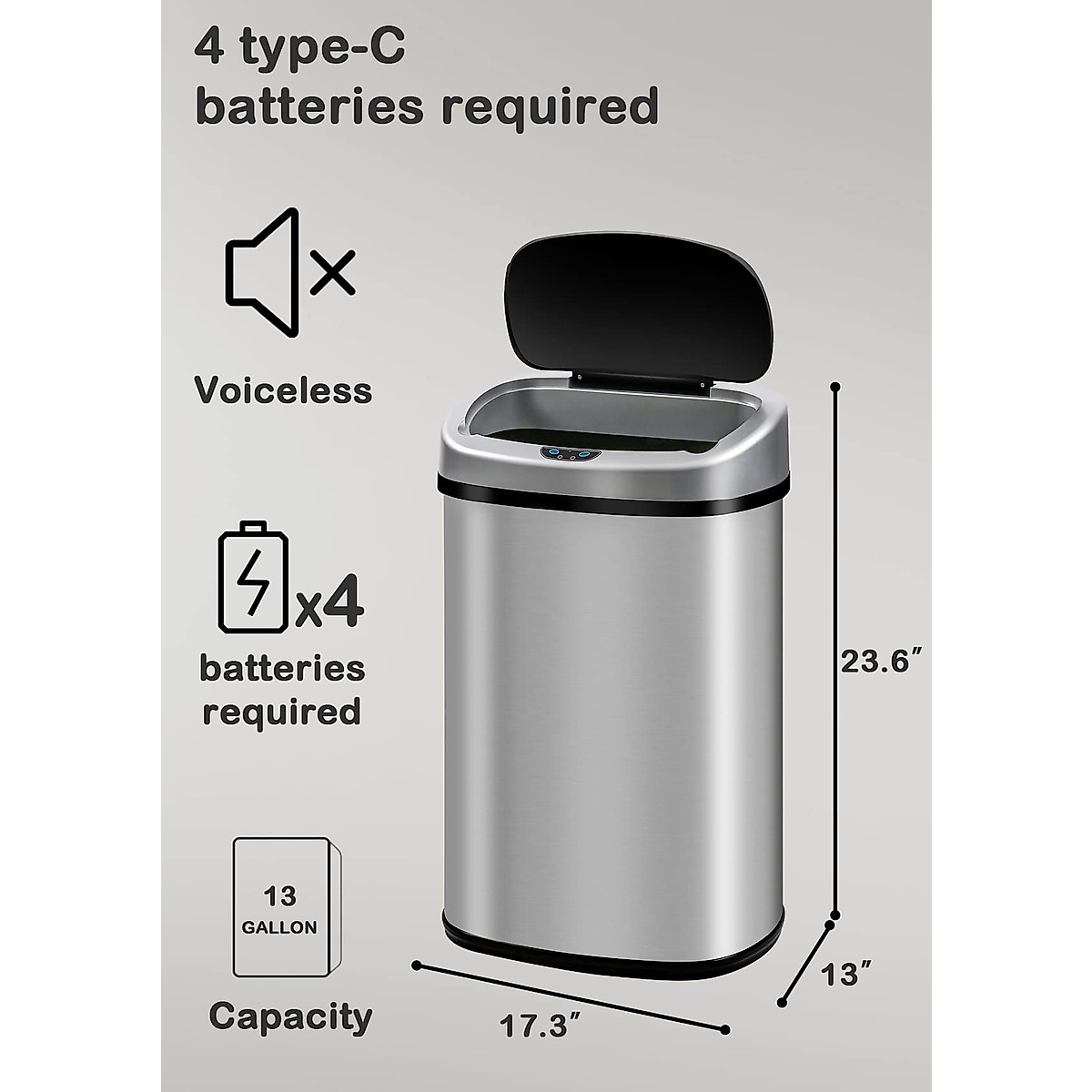Trash Can, Motion Sensor Garbage Can 13 Gallon, Touchless Kitchen Trash Cans with Lid, Stainless Steel Sensor Garbage Cans for Kitchen, Automatic Small Trash Can for Bathroom Bedroom Home, Sliver