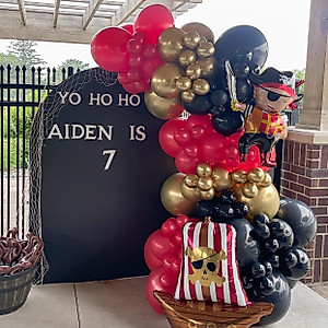 Pirate Ship Party Decorations, 142PCS Red Black Metallic Gold Balloon Arch Garland Kit with Pirate Ship Foil Mylar Balloon for Boys Birthday Ocean Pirate Theme Baby Shower Party Decoration Supplies