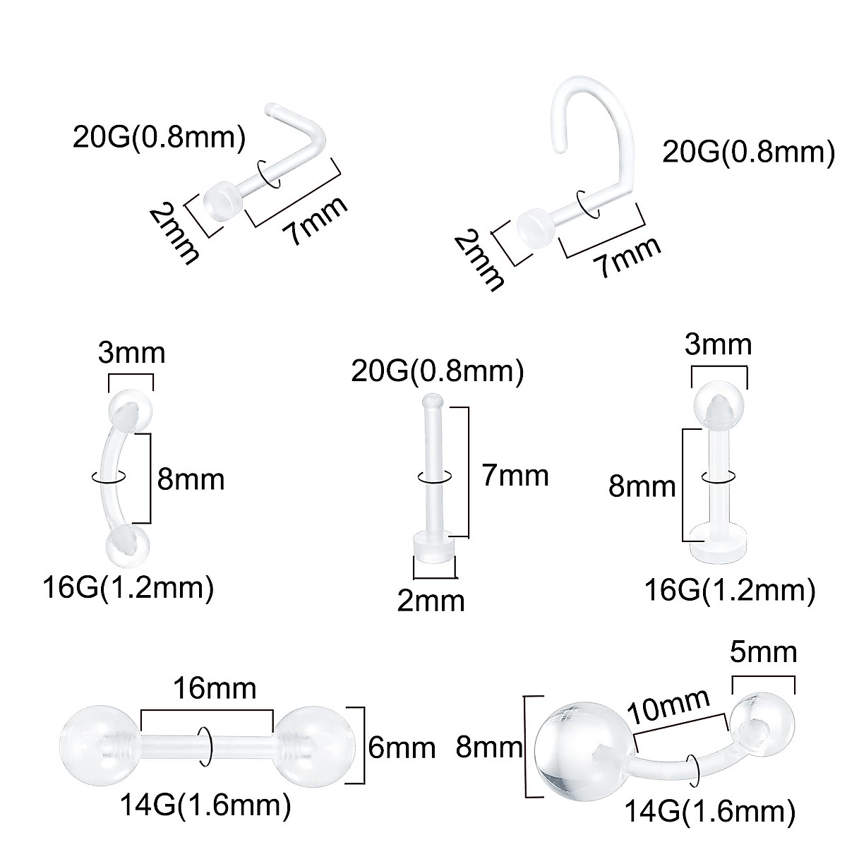 Oveta 55pcs Clear Piercing Retainers Flexible Bioflex 14G 16G 20G Navel Belly Button Ring Lip Labret Eyebrow Tongue Barbells Cartilage Tragus Earrings Retainer