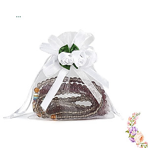 HRX Package White Rose Organza Bags 50pcs, 4 x 4.7 inch Small Mesh Drawstring Gift Bags Jewelry Pouches for Wedding Favor Christmas Candy