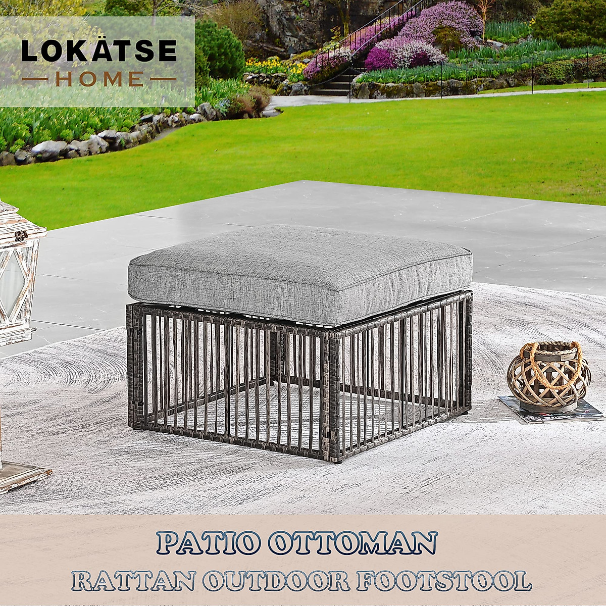 LOKATSE Home Patio Footstool Outdoor Ottoman with Soft Thick Cushion for Garden Yard Deck Poolside, Gray