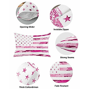 Pillow Cases Linen Pillow Shams Independence Day Pink Camo American Flag Patriotic Pillow Cases Set of 2 12x20 Inches Pillowcases Rectangle Cushion Covers Flax Soft Linen Pillow Covers for Couch Sofa