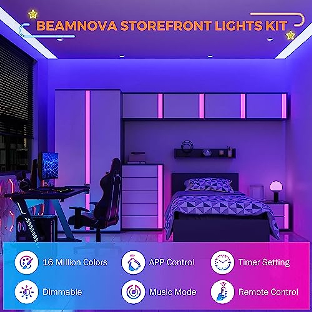 BEAMNOVA RGB Commercial Storefront Light Kit 40Ft Window Lights Modules with Remote, Bluetooth Control Box DC 12V Power Supply Transformer Adhesive Waterproof Outdoor Strip Lights