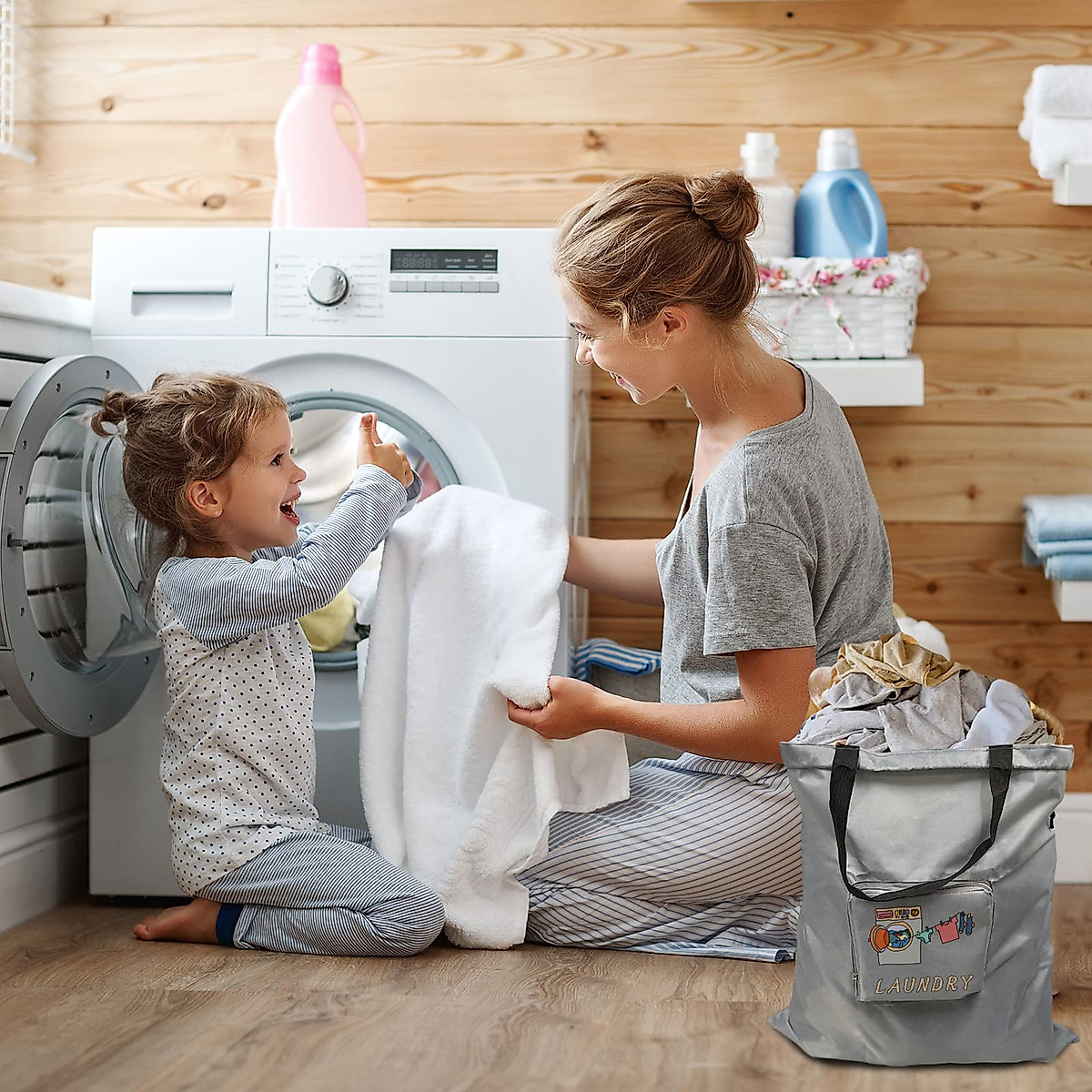 Travel Laundry Bags with Handles and Carabiner, Foldable Dirty Laundry Travel Bag, 24"L X 21"W College Laundry Bag with Drawstring Closure, Lightweight Travel Accessories