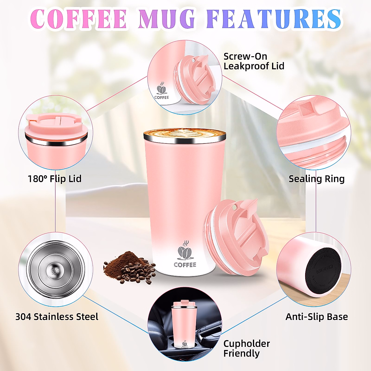 17oz Insulated Travel Coffee Mug with Flip Lid – Leakproof Stainless Steel Insulated Coffee Tumblers, Portable Thermos Cup for Hot & Cold Drinks, Perfect for Camping & On-the-Go