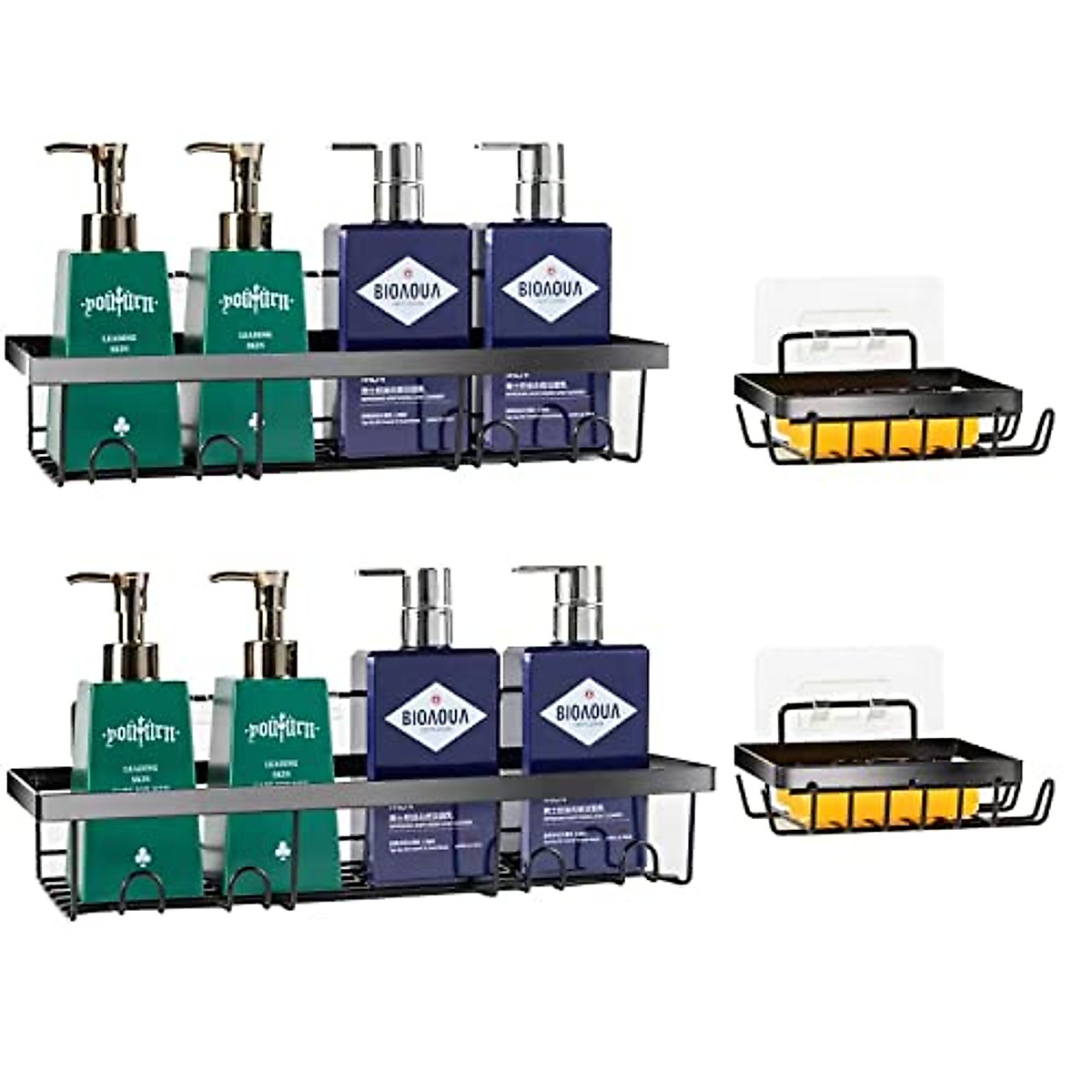 RISETEX Adhesive Shower Caddy,Bathroom Shower Organizer and Soap Dishes with Hooks,No Drilling Traceless Rustproof Bathroom Storage Wall Shower Organizer for Bathroom Toilet Kitchen RVs (Black 4)