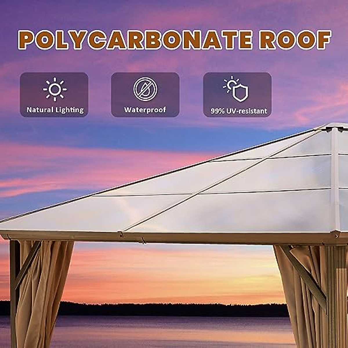 YOLENY 12'x14' Hardtop Gazebo, Outdoor Polycarbonate Roof Canopy, Aluminum Frame Permanent Pavilion with Curtains and Netting, Sunshade for Garden, Patio, Lawns