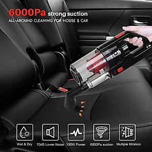 Alexsix Handheld Vacuum, Portable Car Vacuum Cleaner, 6000Pa Strong Suction, Cleaner Powerful Portable Wet Dry Cleaning for Pet Hair, Home, and Car Cleaning
