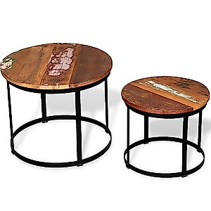 QJBSAVVA Two Piece Coffee Table Set Solid Reclaimed Wood Round 15.7"/19.7",Industrial Tables Floor Standing Table Cocktail Table Suitable for Meeting Rooms, Reception Rooms, Offices
