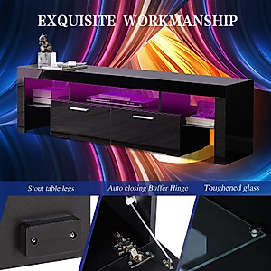 ADDJY Black TV Stands with LED Lights High Gloss TV Entertainment Center for 70 Inch TV with 2 Flip Down Drawers and Open Shelves, Modern Console Media Table Storage Desk for Up to 70 Inch TV