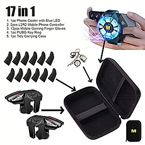 17 in 1 Universal Mobile Phone Cooler Radiator with LED Light, Cell Phone Cooling Fan Heat Sink, 2pcs L2R2 Mobile Game Controller Triggers for PUBG/Fortnite/Call of Duty w/ 12pcs Finger Gloves Sleeves