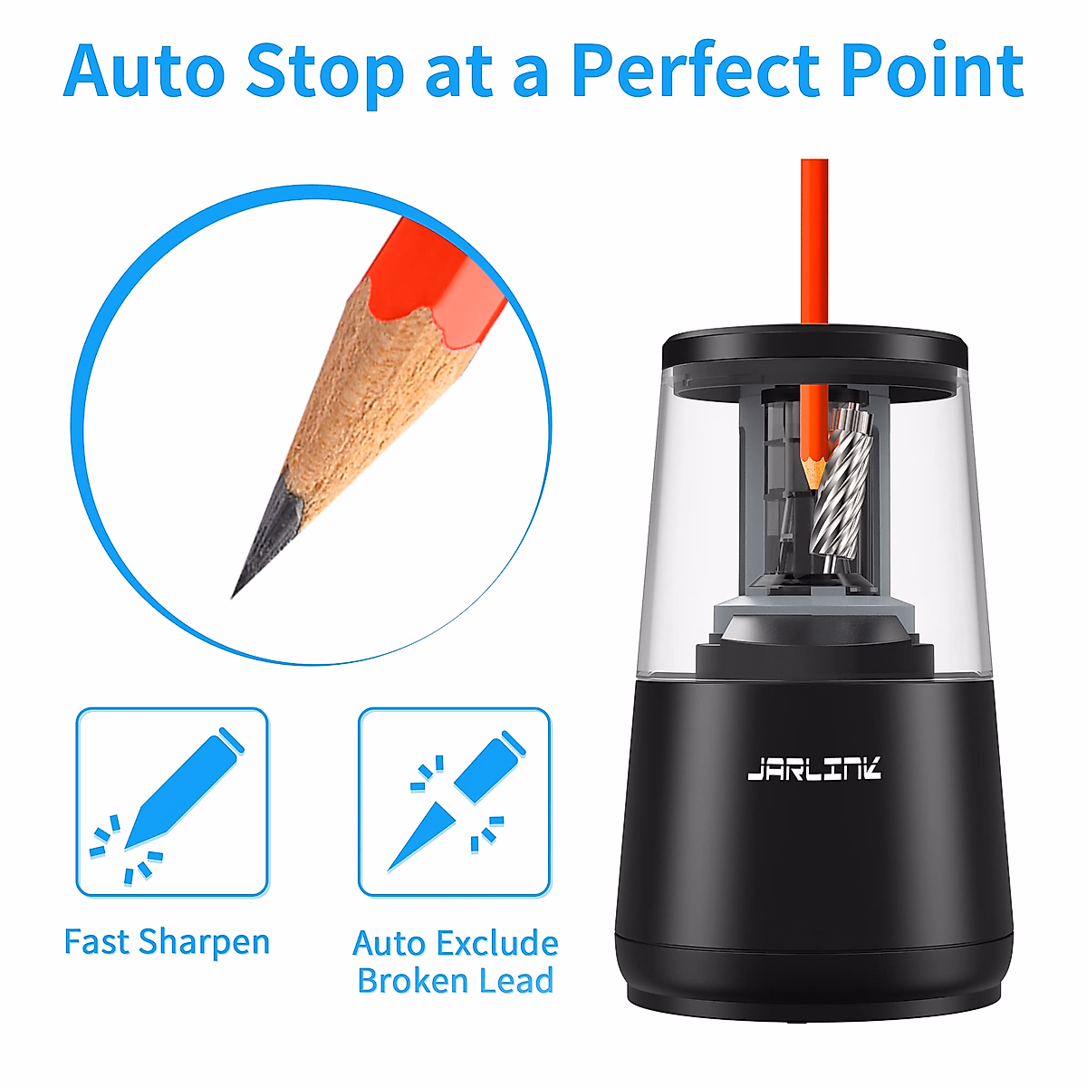 JARLINK Electric Pencil Sharpener, Classroom Pencil Sharpeners, Auto Stop for 6-8mm No.2/Colored Pencils, Electric Pencil Sharpener Plug in/USB/Battery Operated in School/Office/Home (Black)