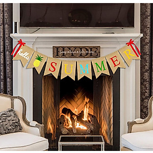 JOZON Hello Summer Burlap Banner Jute Summer Bunting Banner Garland Pineapple Summer Decorations for Holiday Party Mantel Fireplace Wall Hawaiian Party Supplies Decors