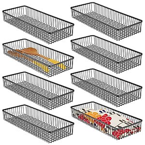 mDesign Metal Farmhouse Kitchen Cabinet Drawer Organizer Basket Tray, Shallow Storage Bin for Cutlery, Serving Spoons, Cooking Utensils, Appliances, Gadgets, Unity Collection, 15" Long, 8 Pack, Black