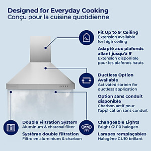 Hauslane Wall Mount Range Hood 30 Inch | Matte White Wall Chimney | 6” Duct/Ductless Convertible, Strong Suction, Six-layer Aluminum Filters, Changeable LED Lamps, Stove Kitchen Vent Hood