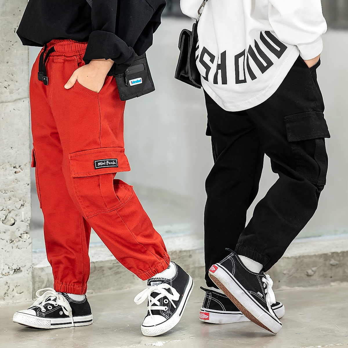 MINI PANDA Toddler Boy Pants, Little Boys 2-Pack Pull On Pants (Black+Red, 4T)