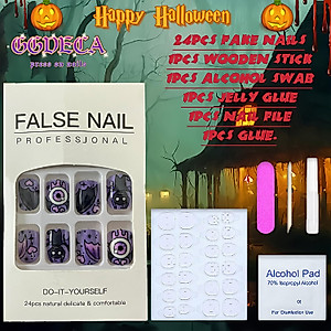 GGDECA Halloween Square Fake Nails Short Press on Nails Purple Glue on Nails Bat Ghost Love Eyeball Halloween Designs False Nails Acrylic Glossy Nails for Women Halloween Halloween Manicure Art 24Pcs