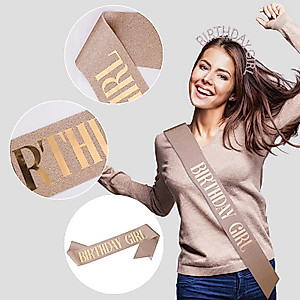 WLLHYF Birthday Crown for Women, Birthday Girl Headband Rose-Gold Rhinestone Hair Band Birthday Sash and Tiara Crystal Crown Headband for Women Girl Birthday Accessories Party Decorations