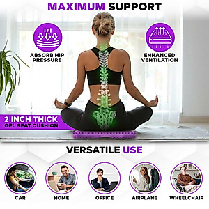 GRÄVEND Extra Large Gel Seat Cushion for Long Seating Pressure Relief, 2" Inch Thick Office Chair Cushion, Car Seat Driver, Wheelchairs Egg Sitting pad for Hip & Back Pain, Non Slip Ties