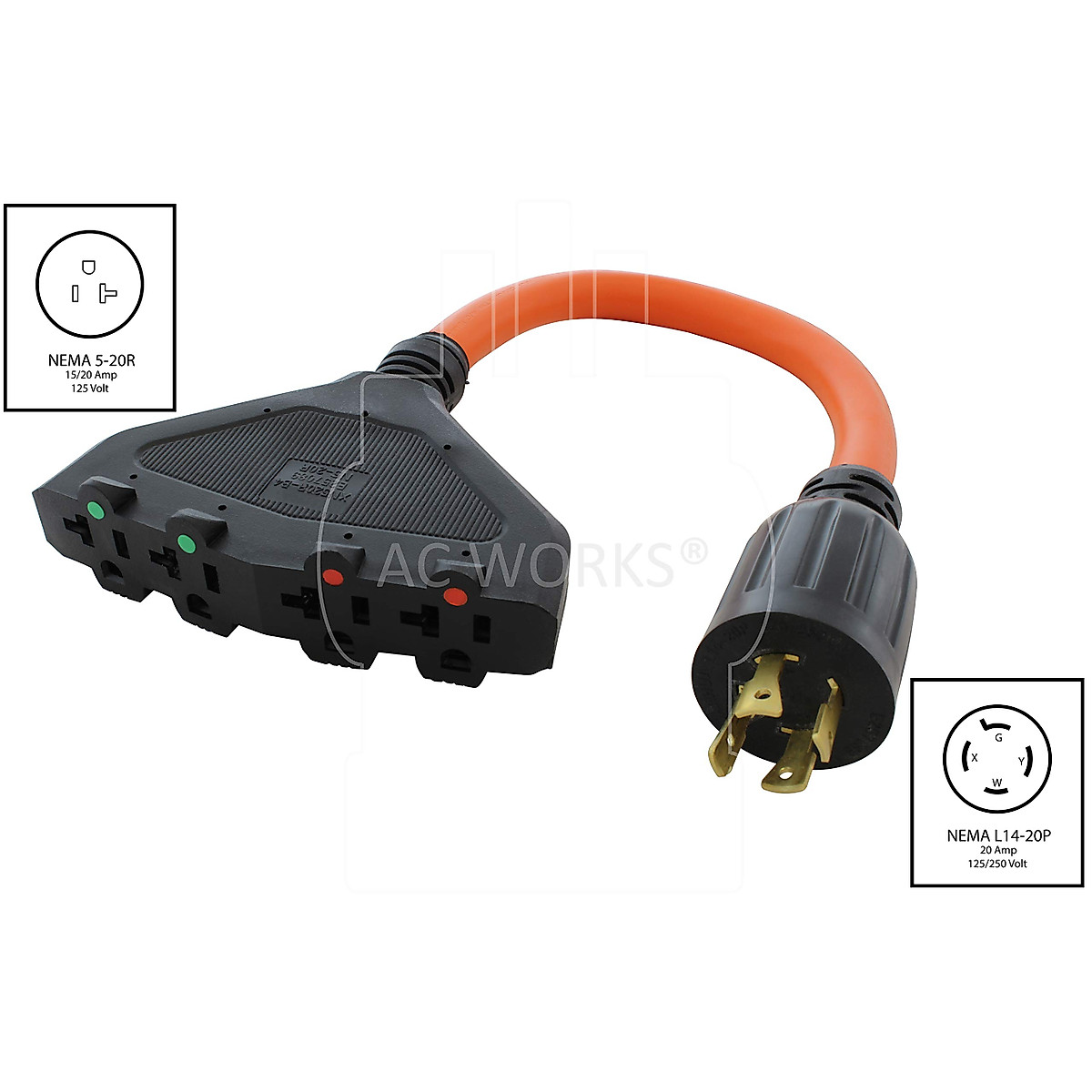 AC WORKS L14-20P 20Amp 4-Prong Generator Locking Plug to (4) NEMA 5-15/20R Household Connector (Orange-1.5FT)