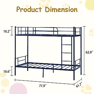 Bunk Bed Twin Over Twin, Twin Over Twin Bunk Bed with Metal Guardrail and Ladder, Heavy Duty Twin Bunk Beds for Boys, Girls, Teens, Adults, No Box Spring Needed, Noise Free (Navy Blue)