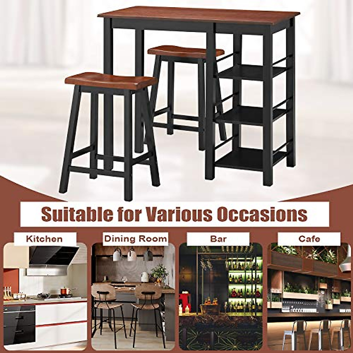 Giantex 3 Piece Dining Set, Entirely Wood Counter Height Table Set with 2 Chair and 3-Tier Storage Shelves, Small Kitchen Table Set with Rubber Wood Frame, Breakfast Table for Small Space, Apartment