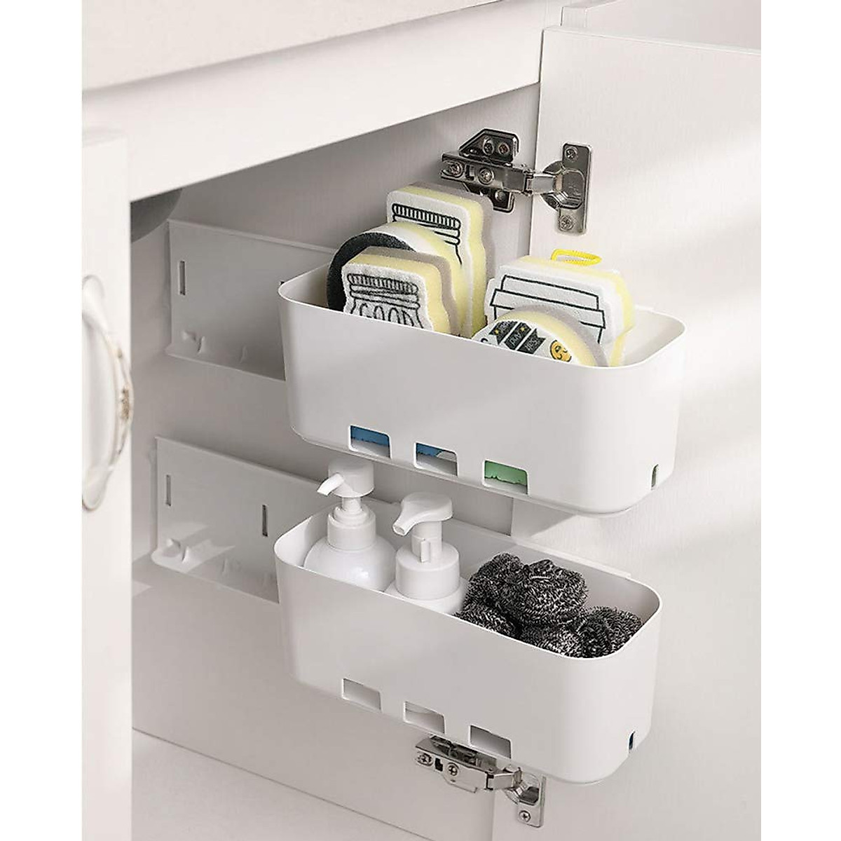ICCGBHGO Under Sink Organizer and Storage, Kitchen Bathroom Under Sink Cabinet Sliding Pull Out Storage Drawer Tray Caddy Organizer, Wall Mount Inside Cabinet Door Organizer Holder White (2PCS)