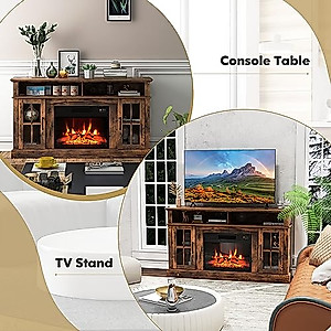 COSTWAY Electric Fireplace TV Stand for TVs Up to 65 Inches, 1400W Heater Insert with Remote Control, 6H Timer, 3-Level Flame, Overheat Protection and CSA Certification, Adjustable Shelves, Brown