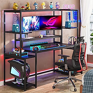Tribesigns 70 -inch Rustic Computer Desk with Hutch and Shelf, Modern Large Gaming Desk with Monitor Stand, Gamer Table Workstation for Home Office,Carbon Fiber Desktop (Black)