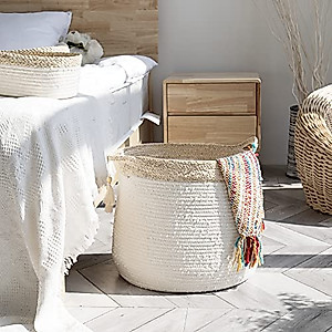 Rope Basket Woven Storage Basket - Laundry Basket Large 17.3x 15 x 14.1 Inches Cotton Blanket Organizer, Baby Nursery Containers White Home Decor Gift