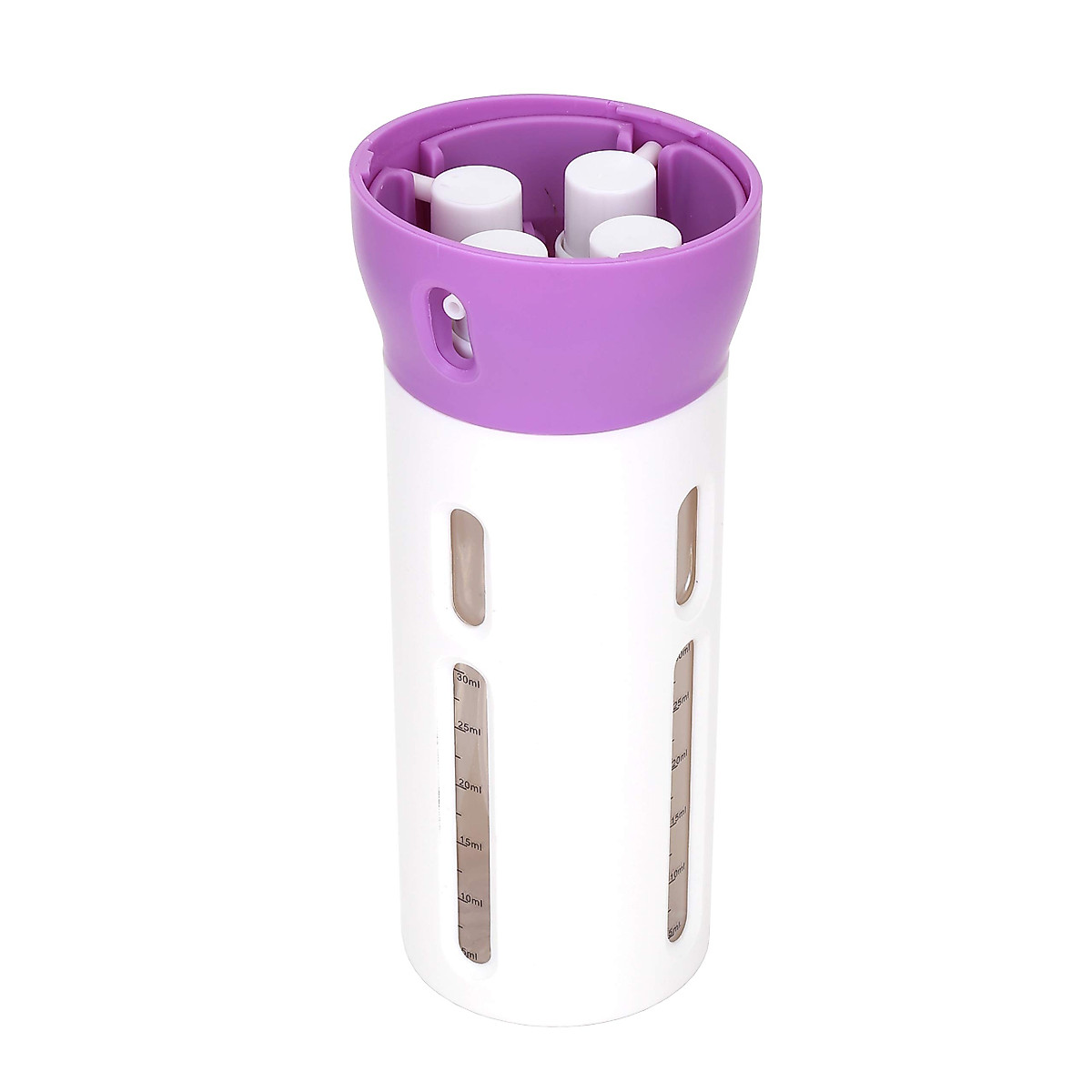 Travigo 4-in-1 Travel Dispenser Bottle, TSA Approved,Includes Four Empty Reusable 1.4 oz. (40 mL) Cosmetic Toiletry Containers for Sanitizer, Soap, Lotions, Skincare, Makeup Products (Purple)