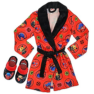 Miraculous Ladybug Pajamas for Girls Robe and Slipper Set Matching Cozeez House Shoes, Red/Black, Size 6/6X