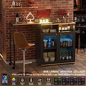 Cyclysio 360° Rotating Bar Cabinet, 59" Home Bar with LED Light & Charging Station, Double-Sided Foldable Liquor Wine Cabinet with Storage for Bar, Liquor, Coffee, Dining, Working, Black