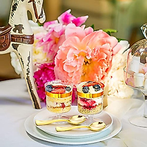 200 Pcs Mini Dessert Cups with Spoons Include 100 Pcs 5 oz Disposable Plastic Mousse Cups with Gold Rim 100 Pcs Gold Tasting Spoons Clear Plastic Parfait Glasses Dessert Bowls for Wedding Party