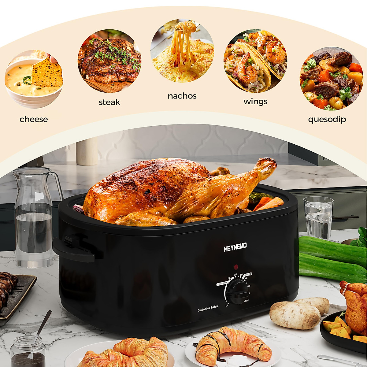 26 Quart Electric Roaster Oven with Visible & Self-Basting Lid, Large Turkey Roaster with Defrost Warm Function, Adjustable Temperature, Removable Pan Rack, Stainless Steel, Black