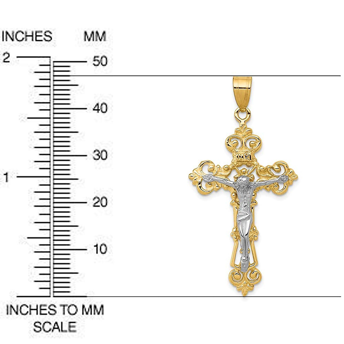 Diamond2Deal 14K White and Yellow Gold INRI Fleur De Lis Crucifix Pendant Fine Jewelry for Women (L- 47 mm W- 23 mm)